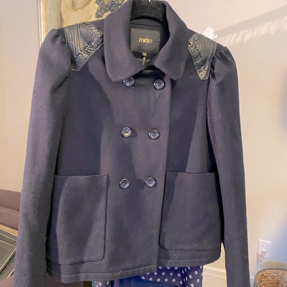 Maje | Jackets & Coats | Maje Wool Suit Jacket With Leather Trim | Poshmark